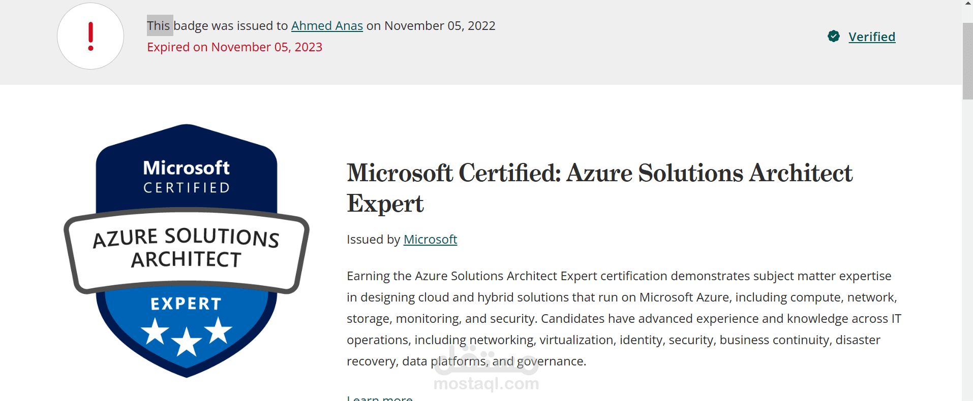Microsoft Certified: Azure Solutions Architect Expert | مستقل