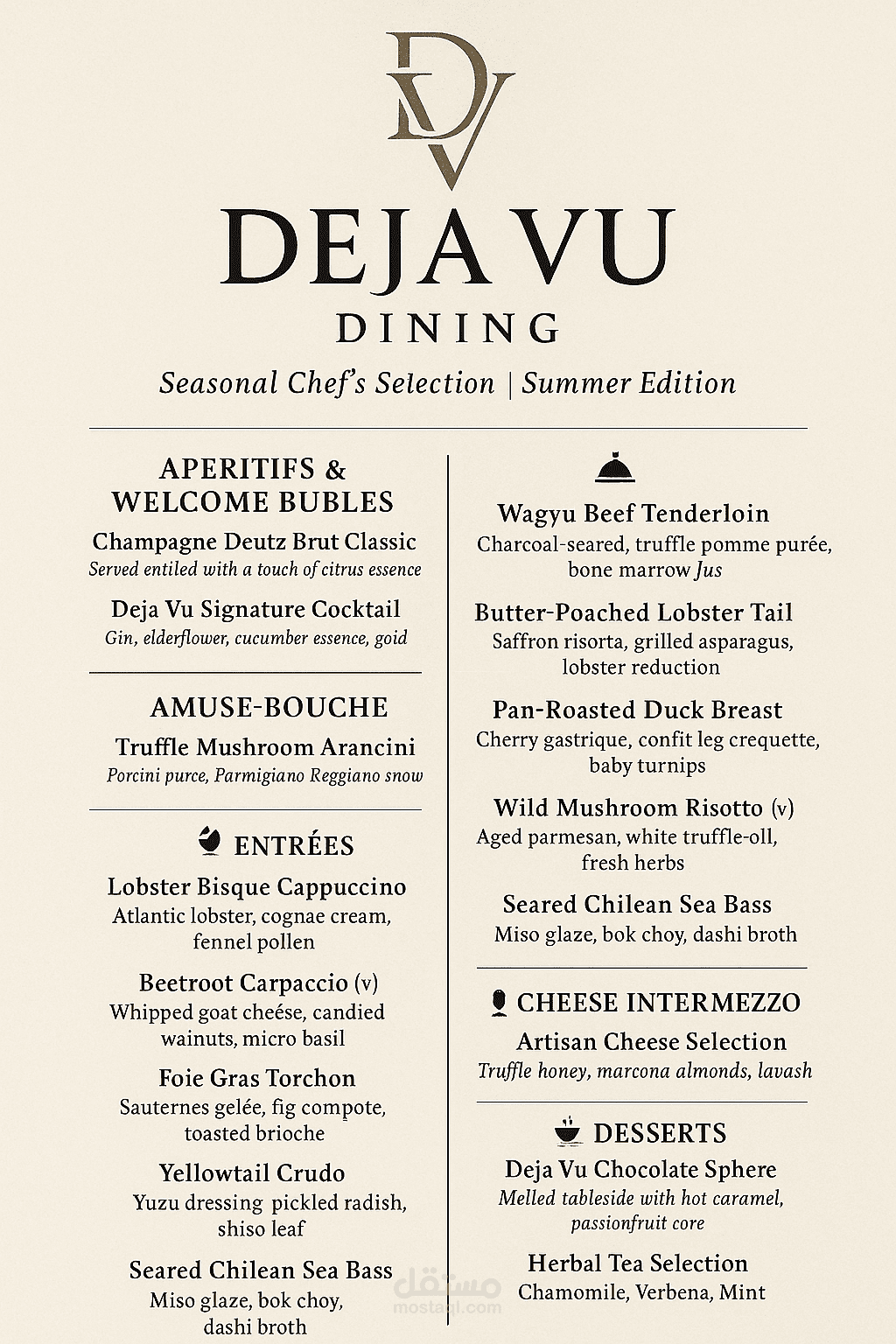 logo and menu for resteraunt called Deja VU Dining | مستقل