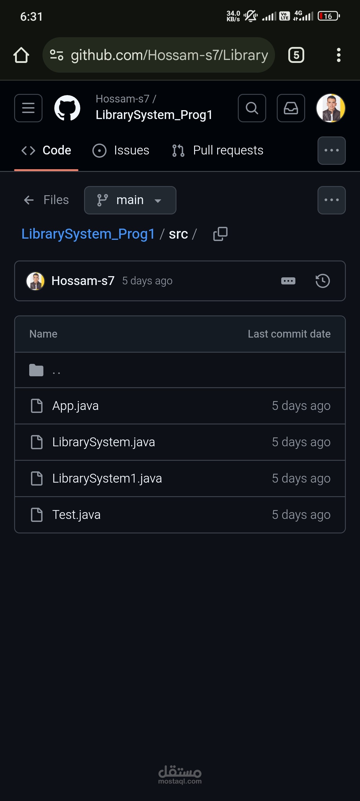 https://github.com/Hossam-s7/LibrarySystem_Prog1/tree/main/src | مستقل