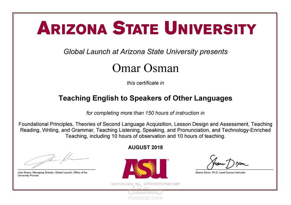 the TESOL certificate from Arizona State University | مستقل